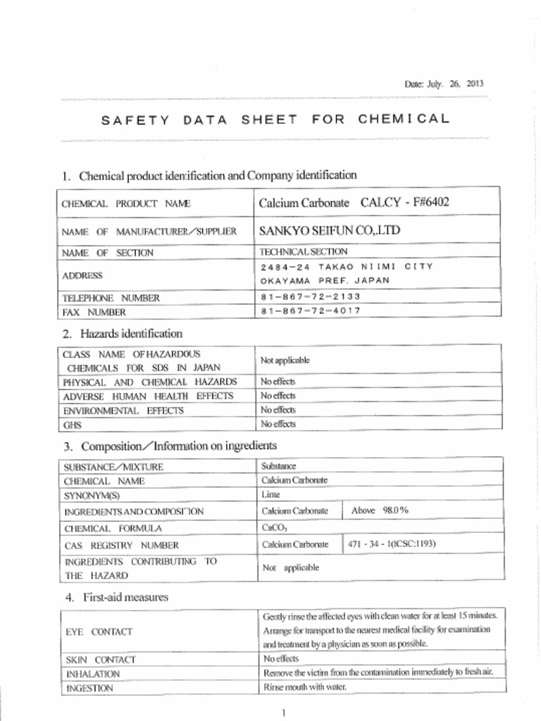 Sankyo Seifun - Calcium Carbonate - SDS | PDF