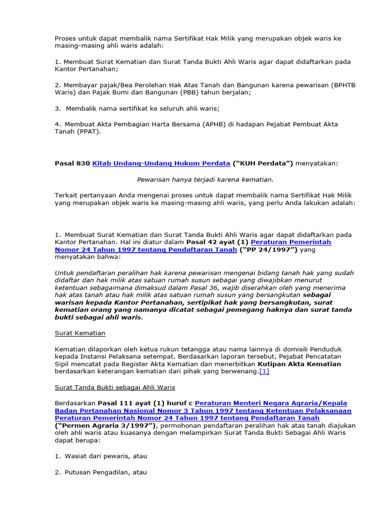 Proses untuk dapat membalik nama Sertifikat Hak Milik yang merupakan objek waris ke masing | PDF