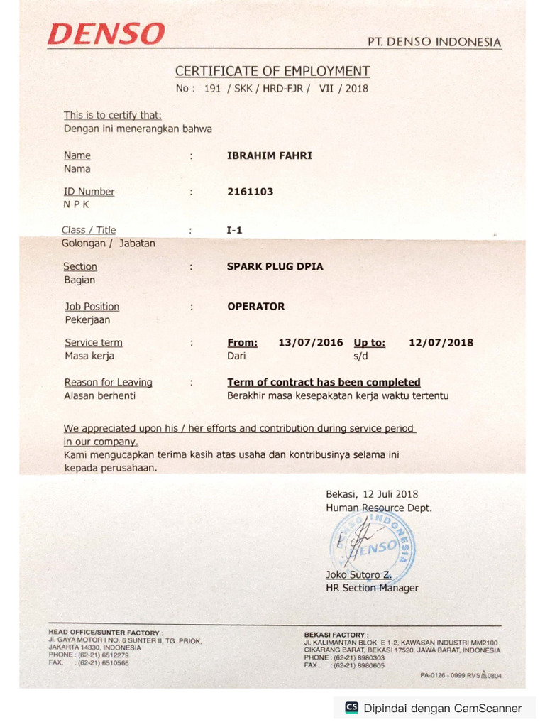 Paklaring Denso | PDF