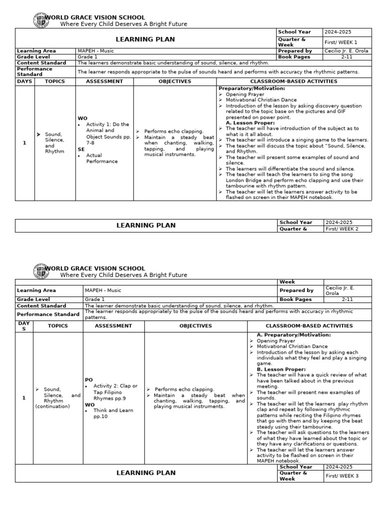 Grade 1 MAPEH Music Learning Plan | PDF | Rhythm | Learning
