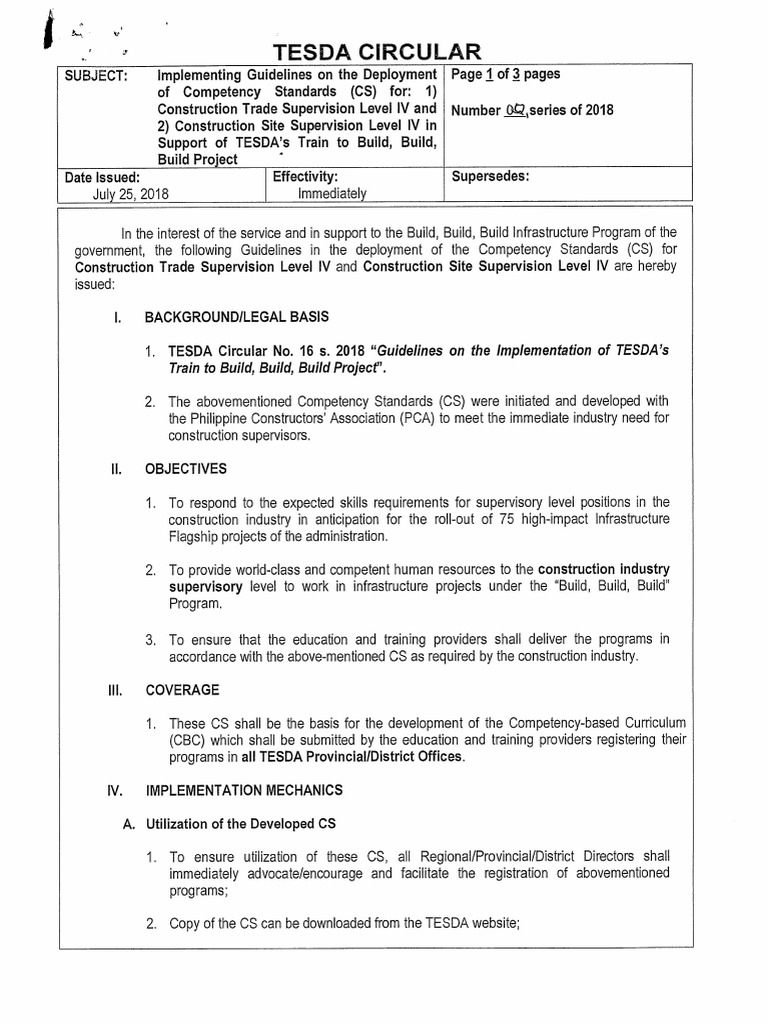 TESDA Circular No. 052-2018 | PDF