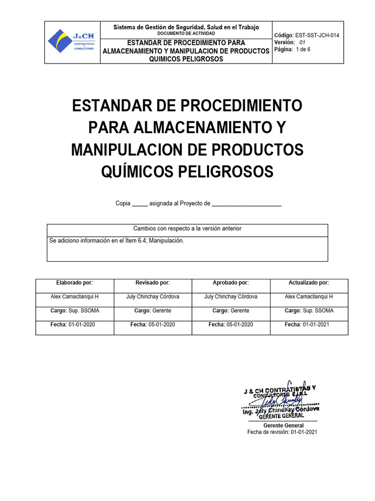 Procedimiento para Almacenamiento y Manipulacion de Productos Quimicos Peligrosos | PDF