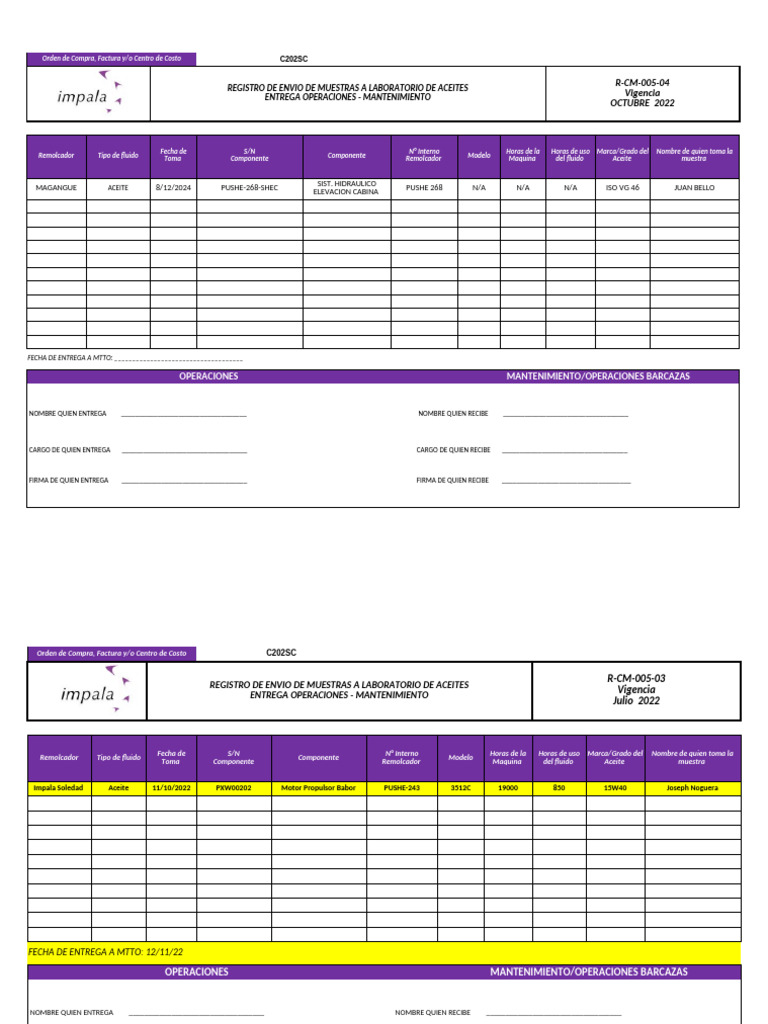 FORMATO DE ENVIO MUESTRAS DE ACEITE - 12-08-2024 | PDF | Ingeniería | Máquinas