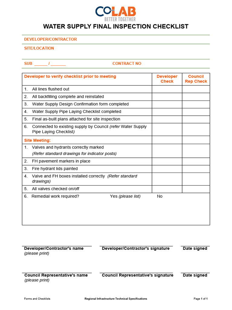 WATER SUPPLY Final Inspection Checklist | PDF | Technology & Engineering