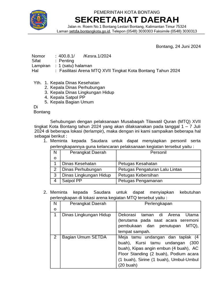 Surat Fasilitasi Keg MTQ 2024 Juni 2024 Manual | PDF