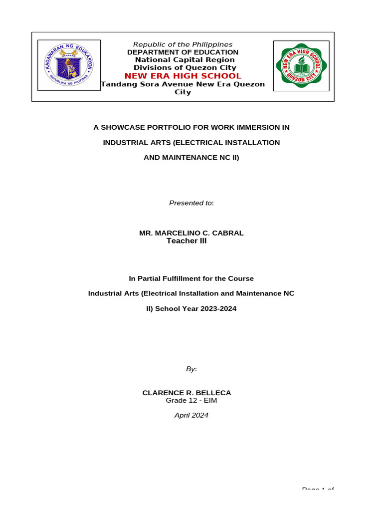 Electrical Installation Work Immersion Portfolio | PDF | Electrical ...
