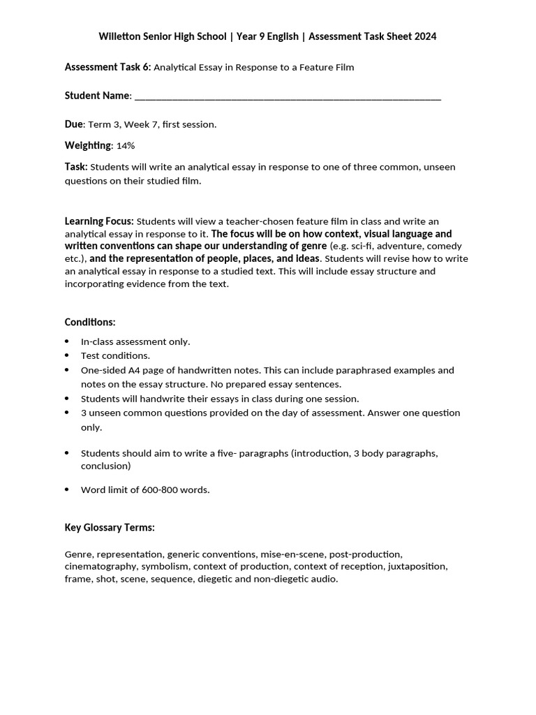 Year 9 Task 6 - Analytical Film Essay 2024 | PDF | Essays | Question
