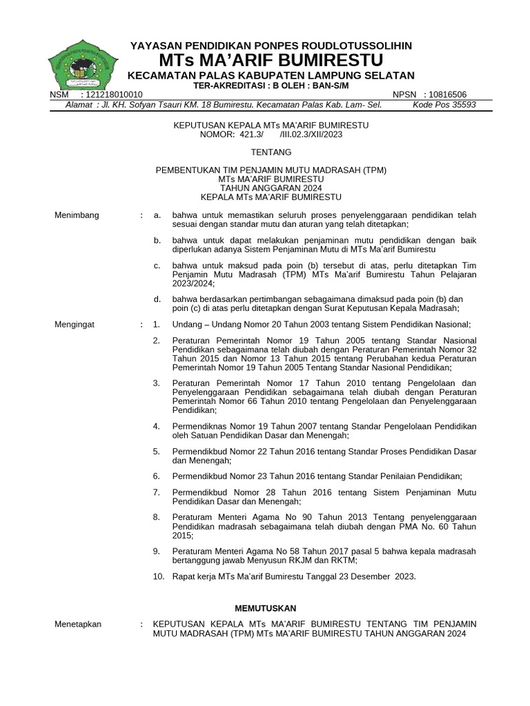 Pembentukan Tim Penjamin Mutu MTs 2024 | PDF