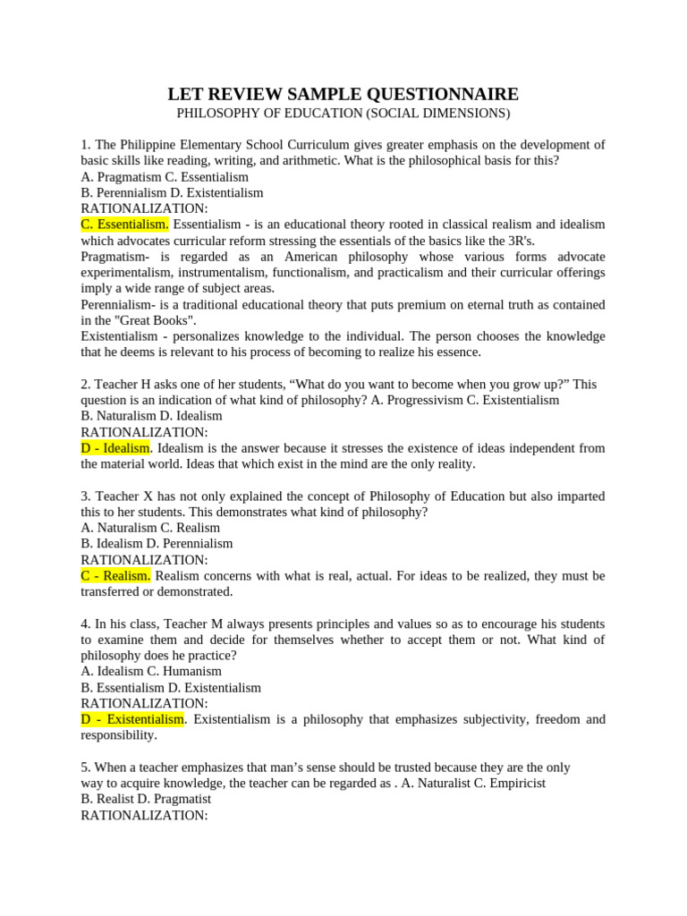 Let Review Sample Questionnaire | PDF | Philosophy Of Education ...
