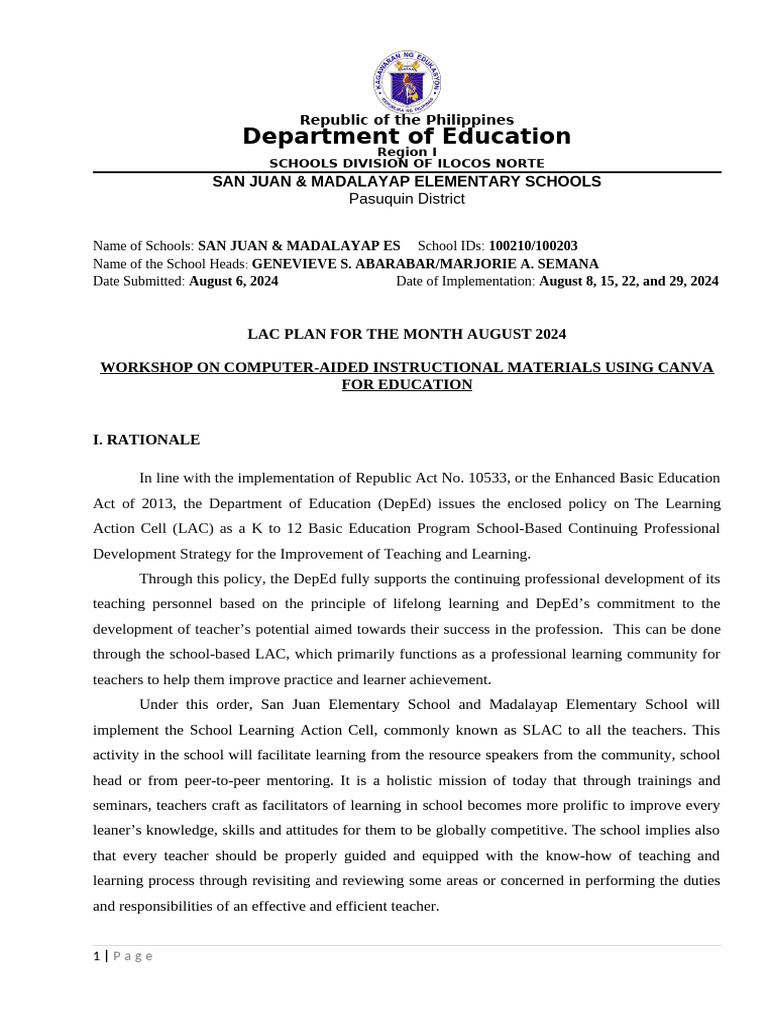 Lac Plan Rationale August 2024 | PDF | Teachers | Learning