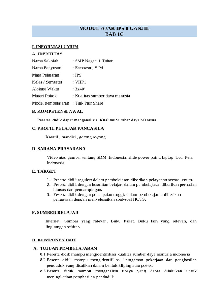 Modul Ajar Ips 8 Ganjil Bab 1C | PDF