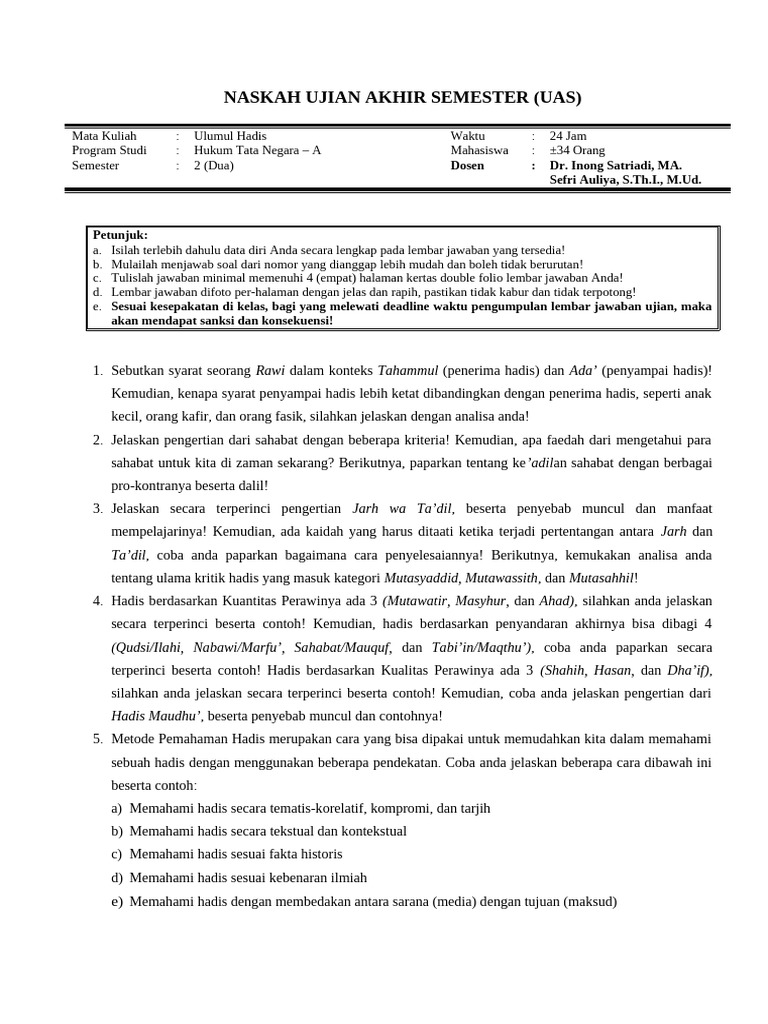Naskah UAS Ulumul Hadis | PDF