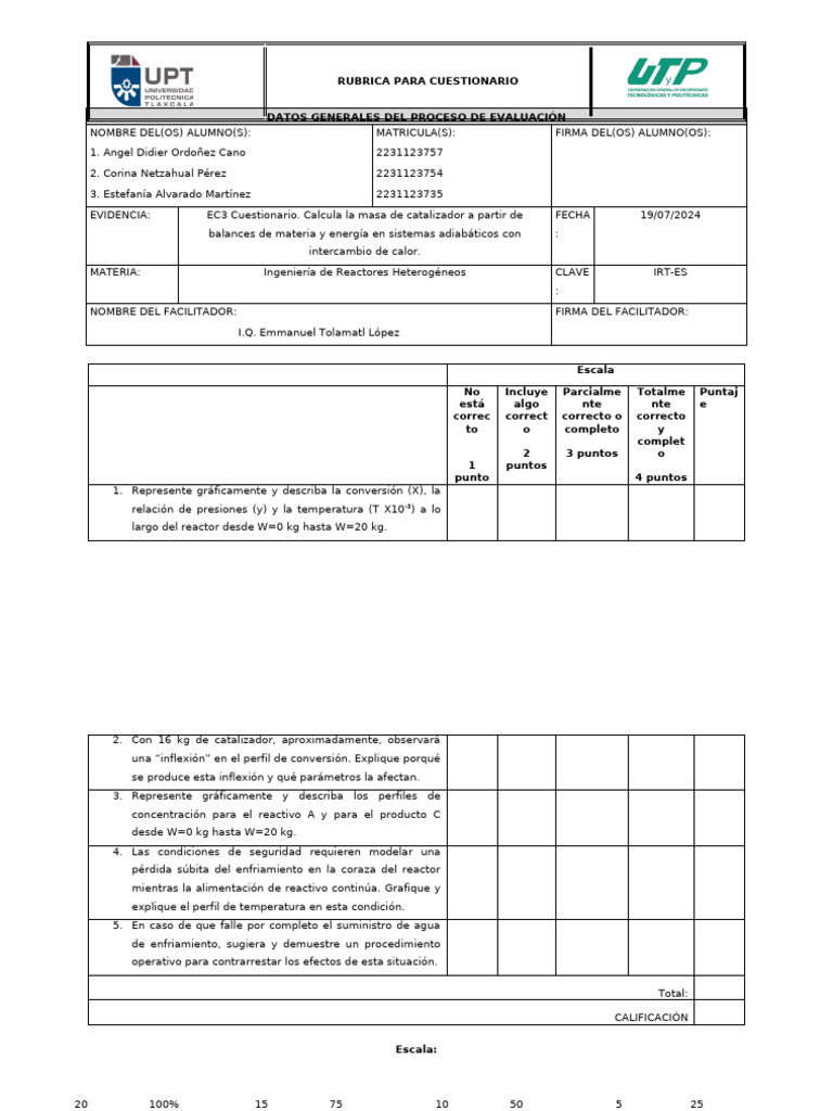 EC3 - CUESTIONARIO Rubrica | PDF | Reactor Quimico