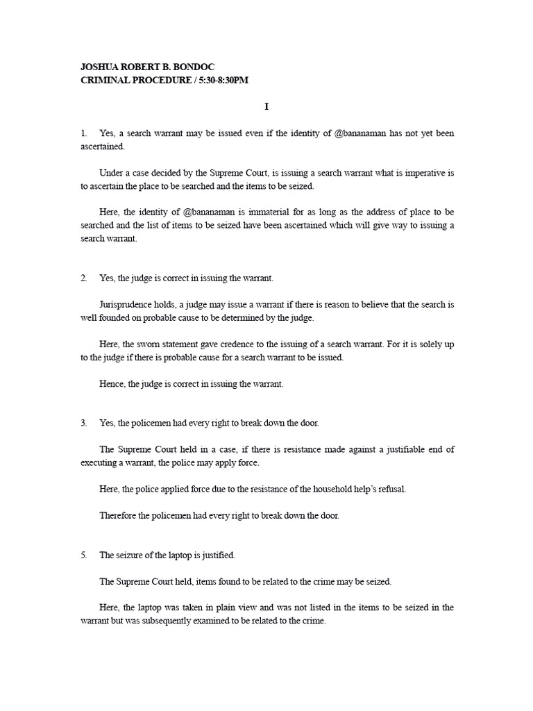 Finals - Joshua Robert B. Bondoc (Criminal Procedure) 1 | PDF | Search ...