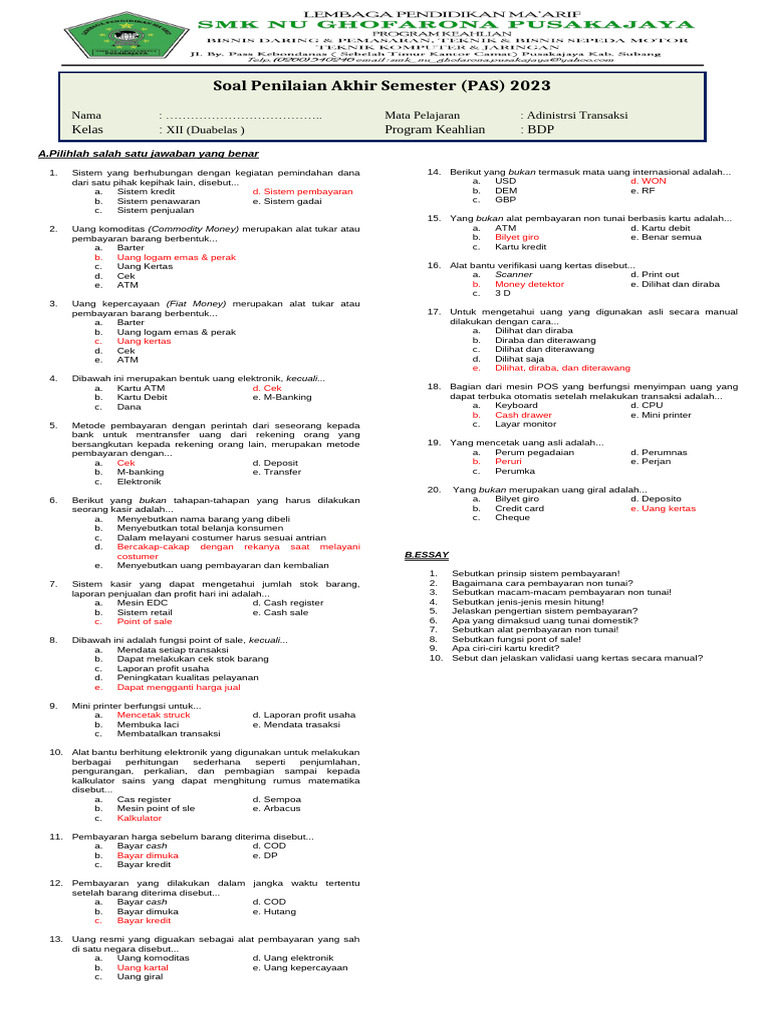 Soal PAS Adm - Trans XII BDP | PDF