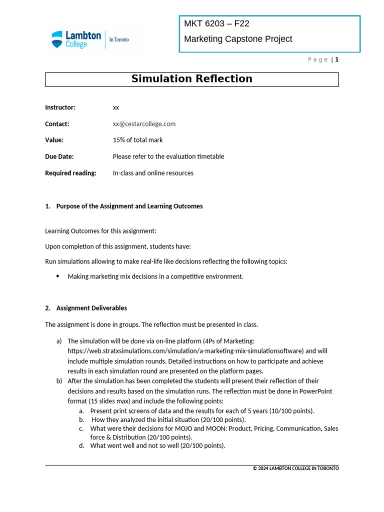 MKT 6203 - Simulation - Reflection - Instructions | PDF | Simulation | Marketing