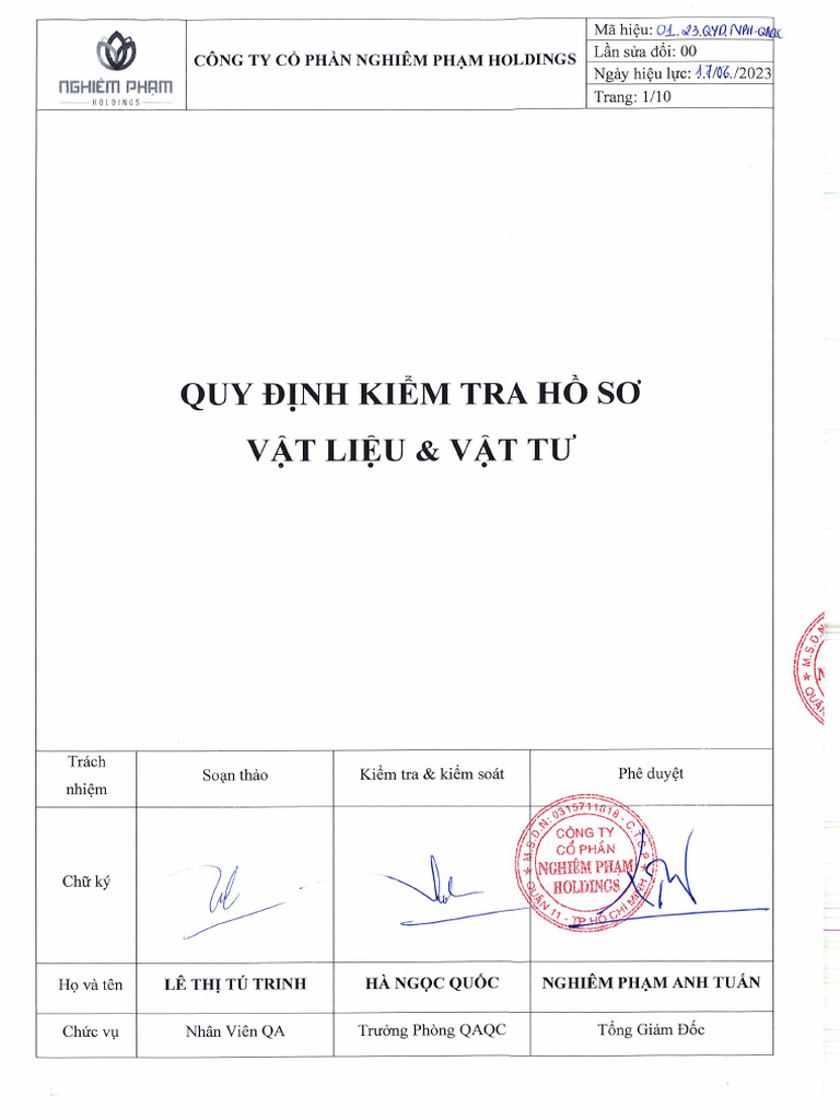 Qaqc - Quy Dinh Ho So Vat Tu-Vat Lieu | PDF