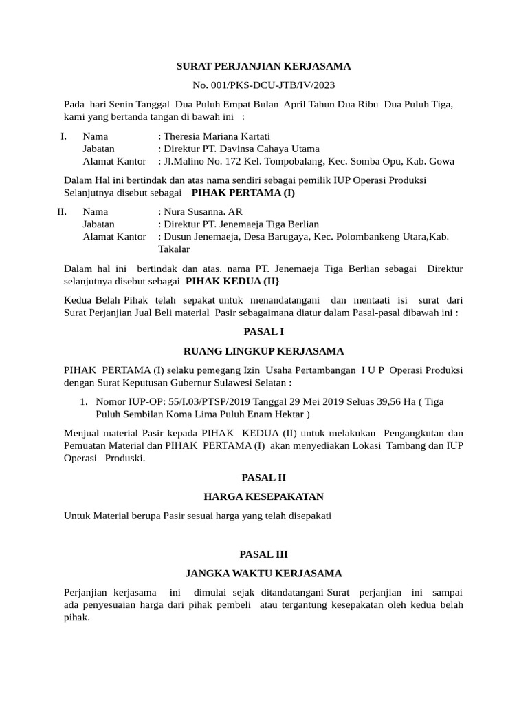 Surat Perjanjian Kerjasama Pdf