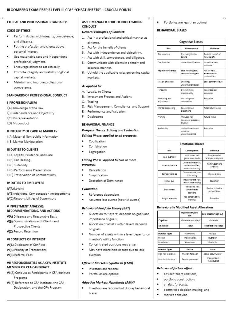 Cheat Sheet (Bloomberg - S Level III CFA (R) Exam Prep) | PDF ...
