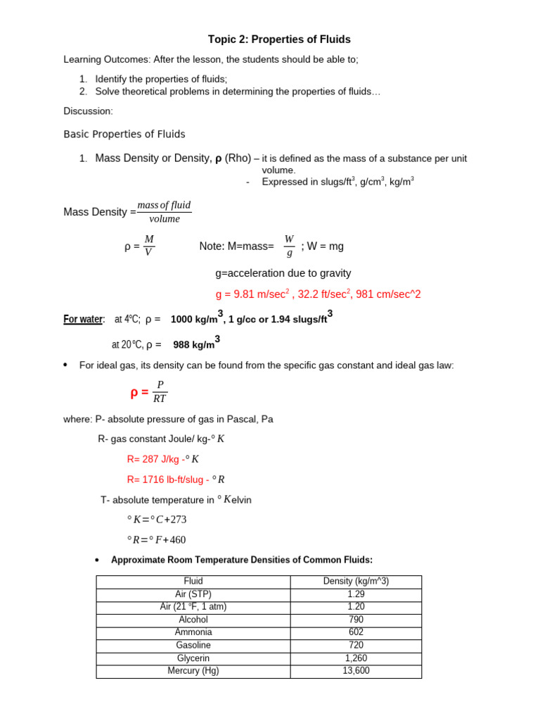 Topic 2 Properties of Fluids | PDF | Viscosity | Density