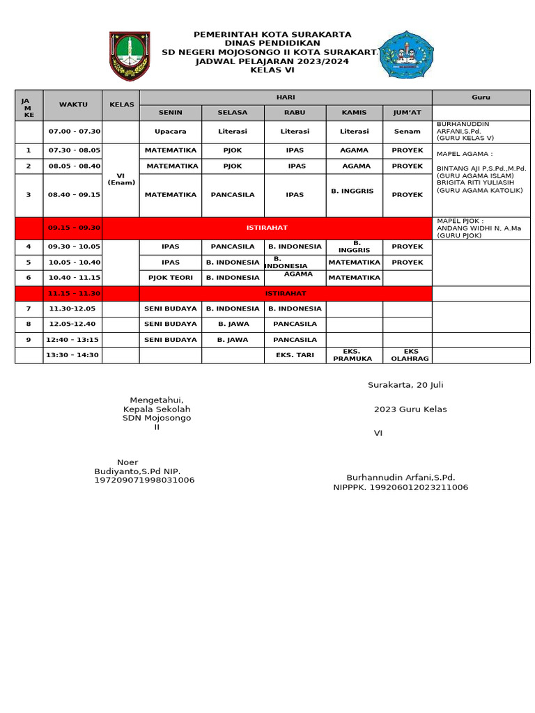 Jadwal Pelajaran Kelas 6 2 Pdf