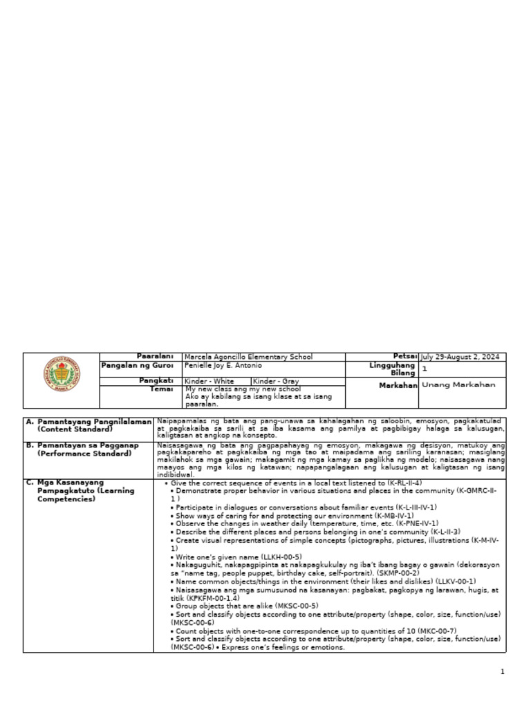 Week1 Matatag LP Exemplar | PDF
