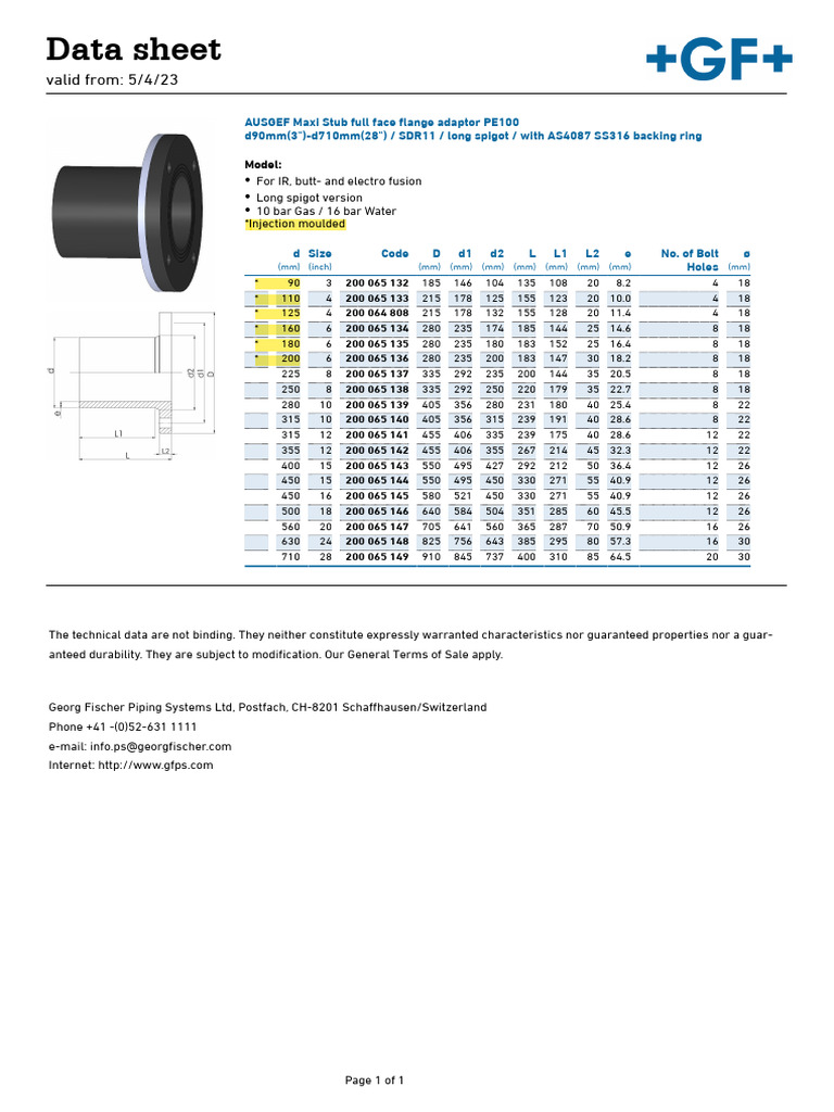 Datasheet AUSGEF Maxi Stub Full Face Flange Adaptor PE100 | PDF