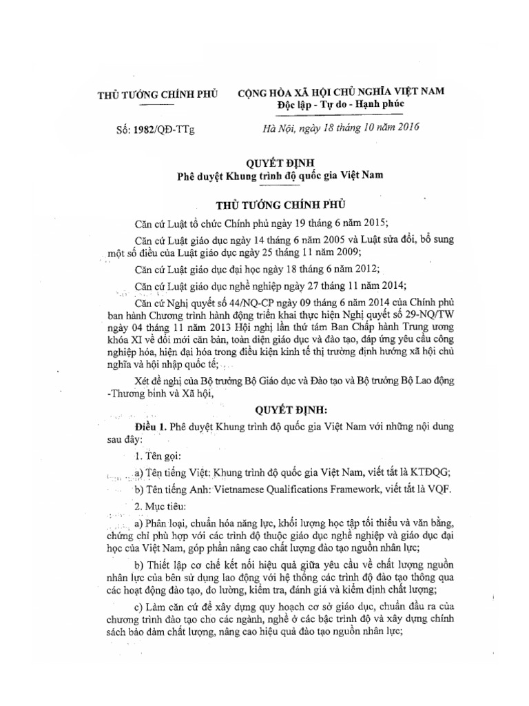 Thong Tu 1982 2016 Khung Trinh Đ QG VN | PDF