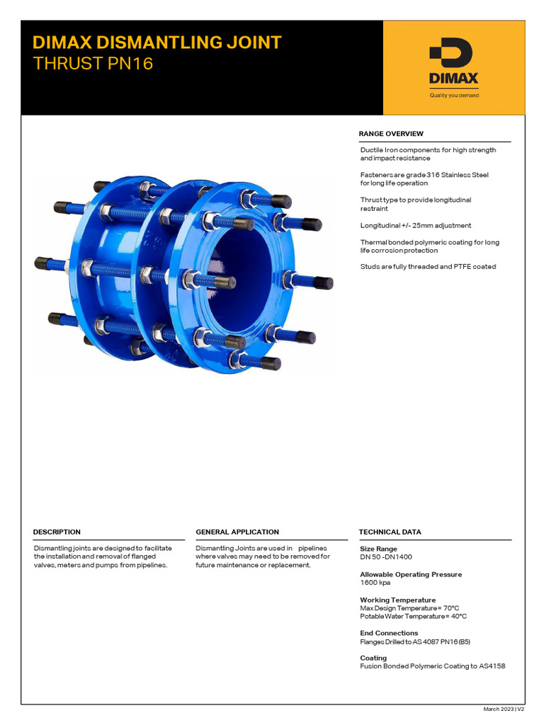 DIMAX Dismantling Joint DJ PN16 Techsheet - V2 - March2023 | PDF | Pipe (Fluid Conveyance ...