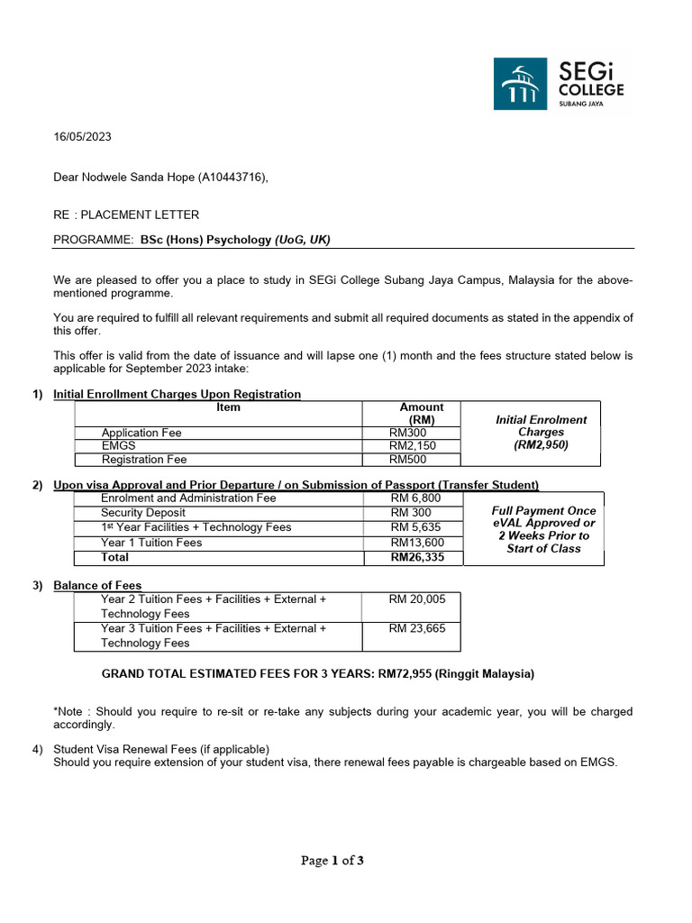 Placement Letter - Sandra Hope | PDF | Travel Visa | Cheque
