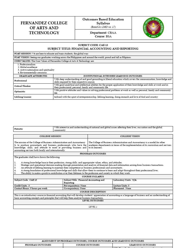 Obe - Syllabus On Financial Accounting and Reporting | PDF | Debits And ...