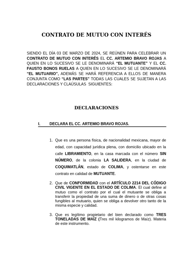 Contrato de Mutuo Con Interés | PDF