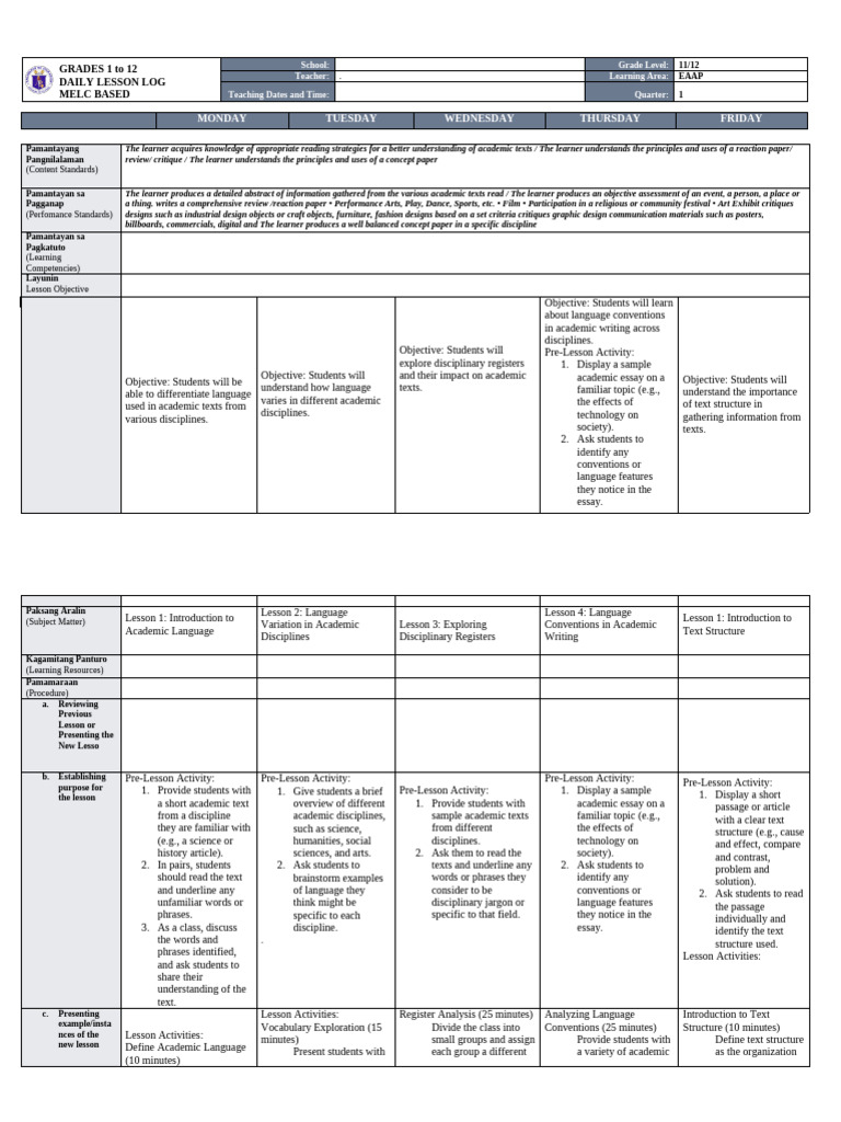Week 1 DLL Eapp | PDF | Learning | Reading Comprehension