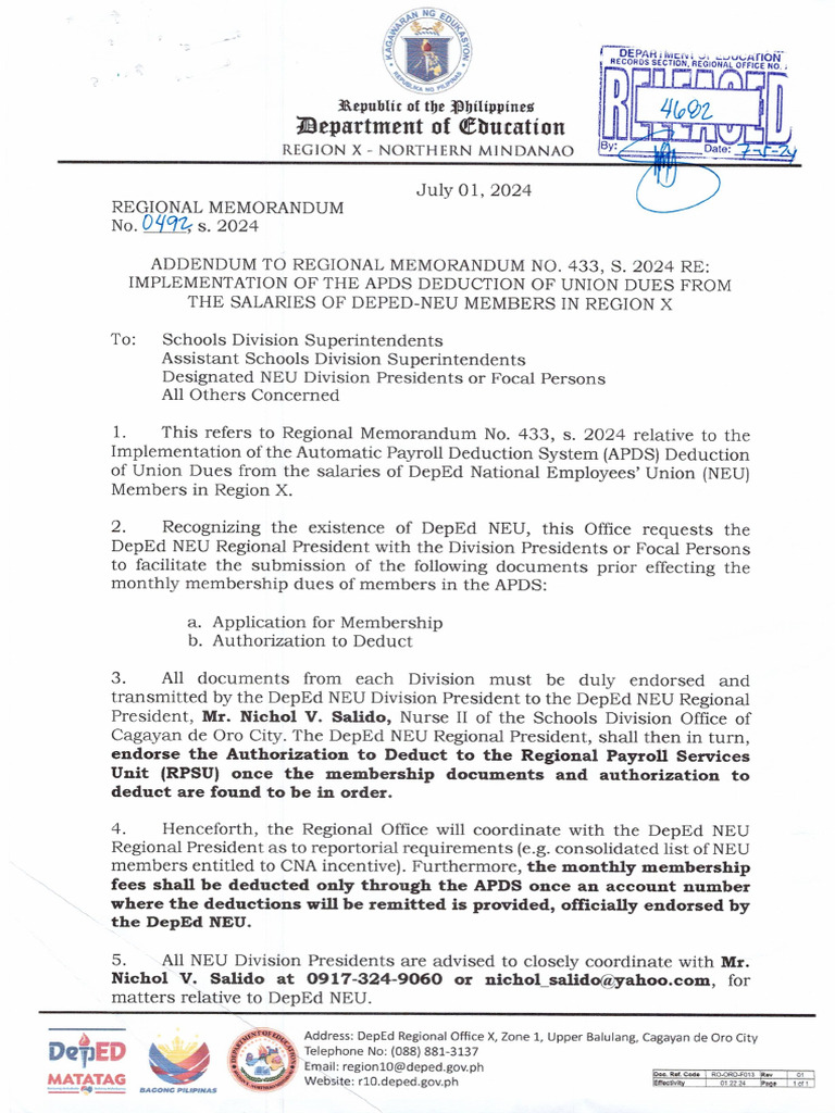 RM - 492 - Addendum To Regional Memorandum No. 433, s.2024 Re ...