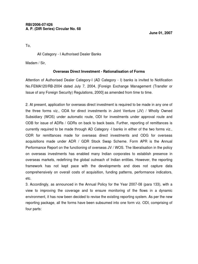 ODI Form Rationalization Circular | PDF | Joint Venture | Equity (Finance)