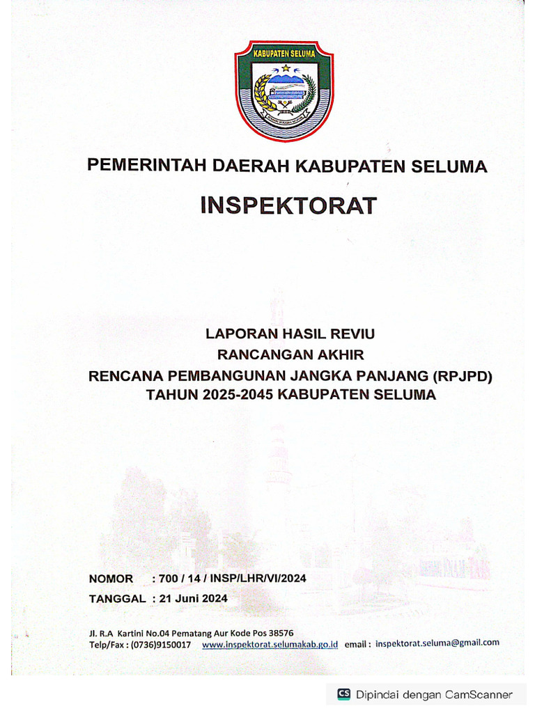 Laporan Hasil Reviu Ranhir RPJPD Tahun 2025-2045 Kab. Seluma | PDF