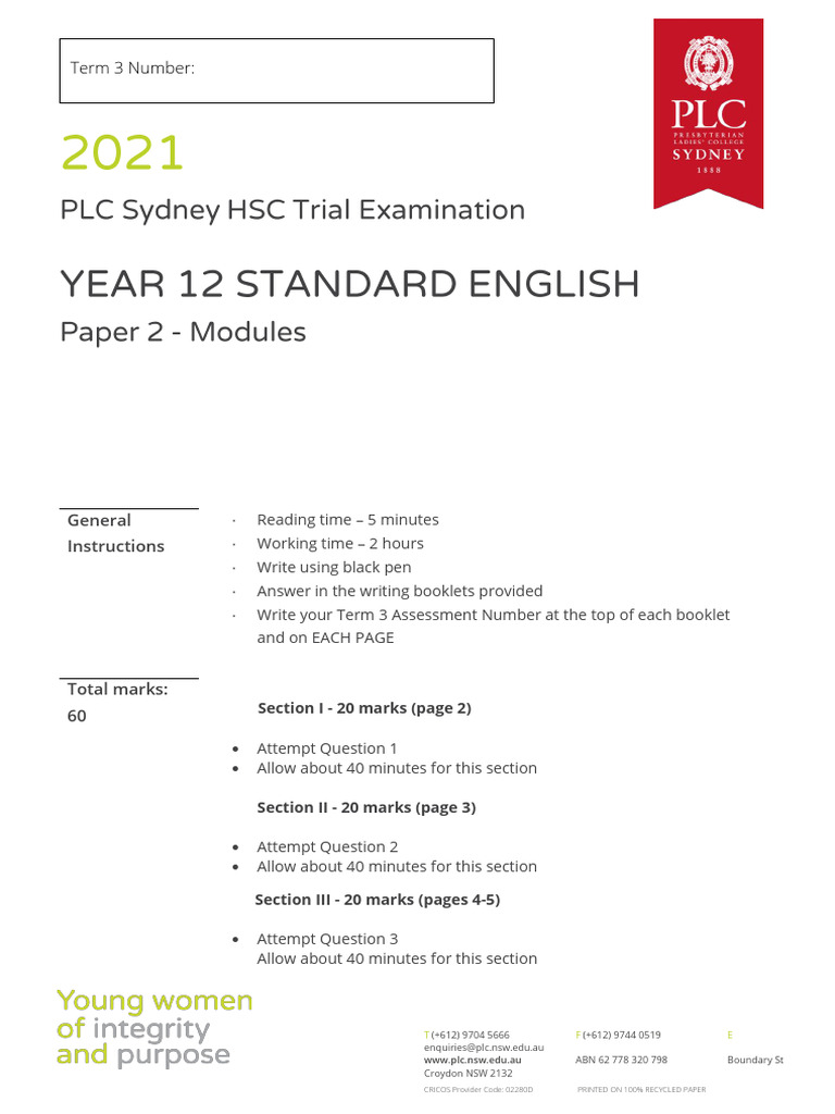 Presbyterian Ladies College 2021 Standard Paper 2 Trial Exam | PDF