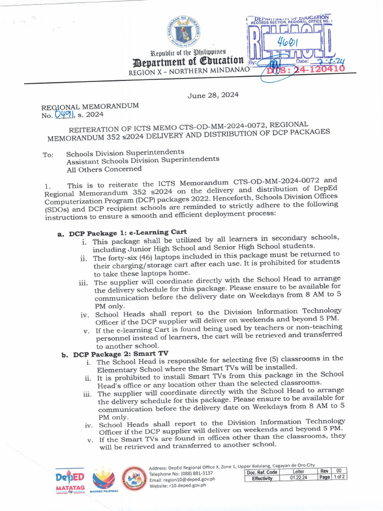 RM - 491 - Reiteration of ICTS Memo CTS-OD-MM-2024-0072, Regional Memorandum 352 s2024 Delivery ...