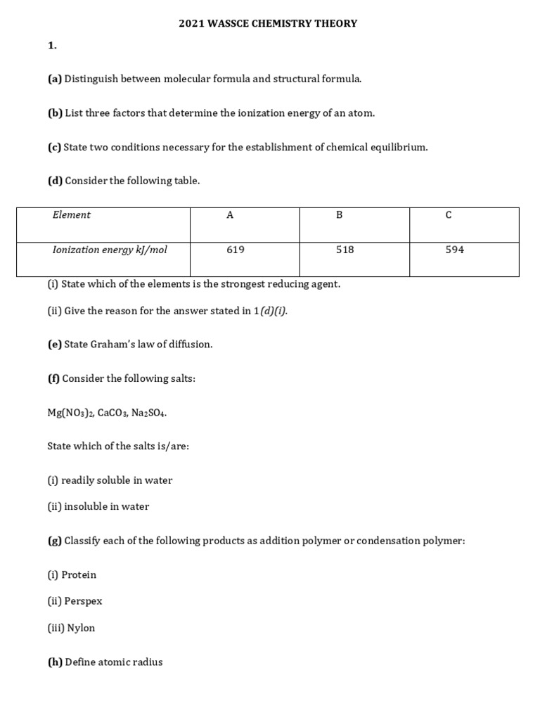2021 Wassce Chemistry Theory | PDF | Chemistry | Chemical Reactions