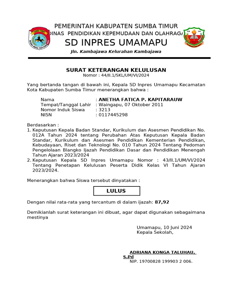 Surat Keterangan Lulus SD 2024 | PDF | Kesehatan Holistik
