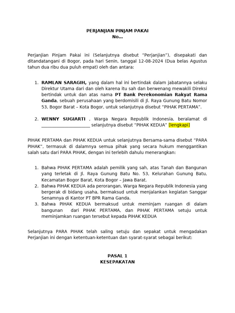 Surat Perjanjian Pinjam Pakai Ruangan | PDF