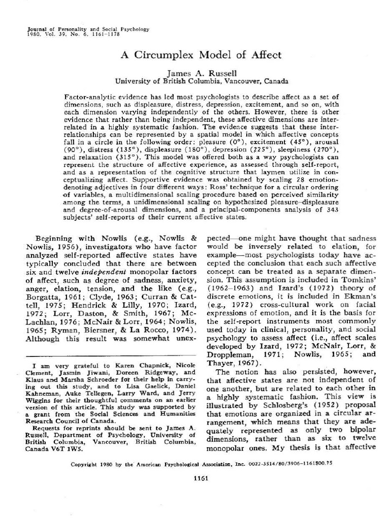 Russell 1980 A | PDF | Affect (Psychology) | Emotions