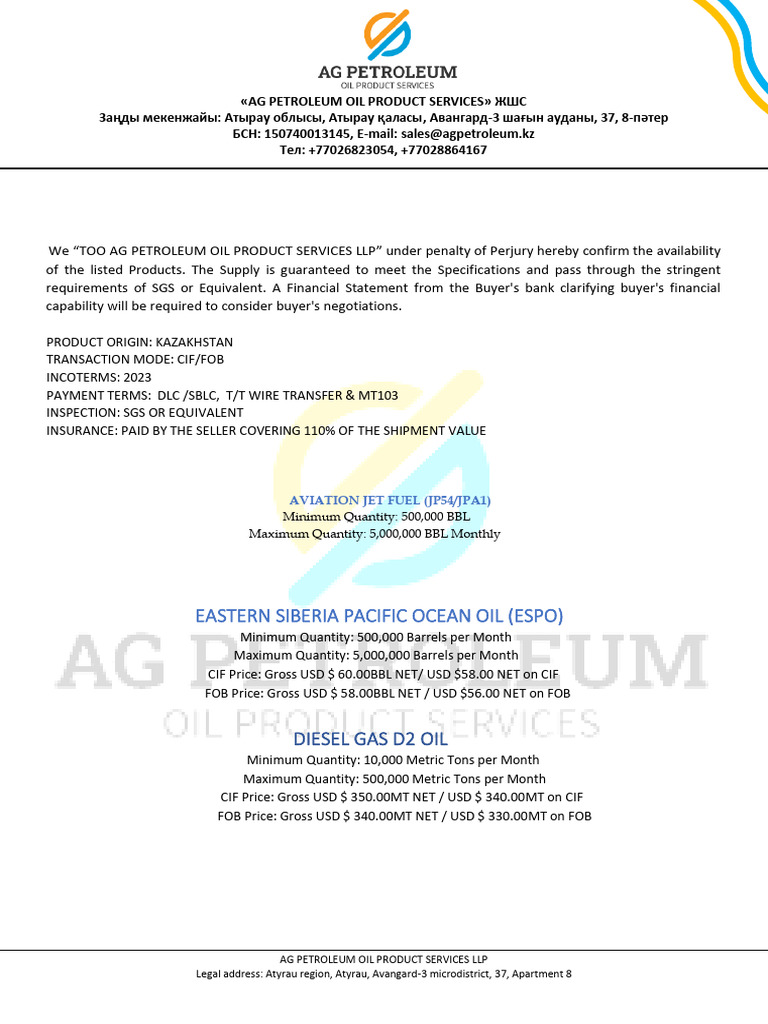 Ag Petroleum Soft Corporate Offer | PDF | Letter Of Credit | Barrel (Unit)
