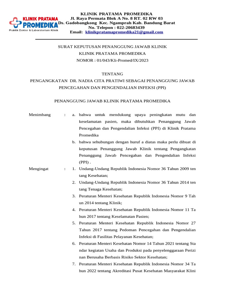 Sk Penanggung Jawab Pencegahan Dan Pengendalian Infeksi (Ppi) | PDF