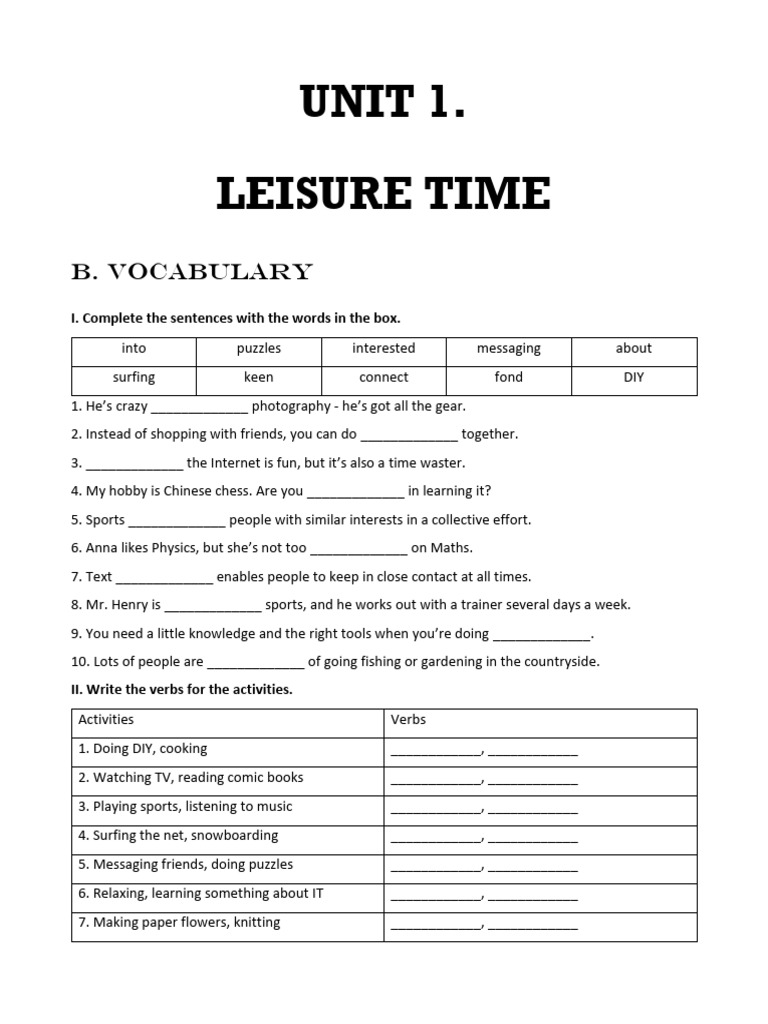 Bài Tập Thực Hành Tiếng Anh 8 Global Success MLH - Có Đáp Án UNIT 1. LEISURE TIME | PDF