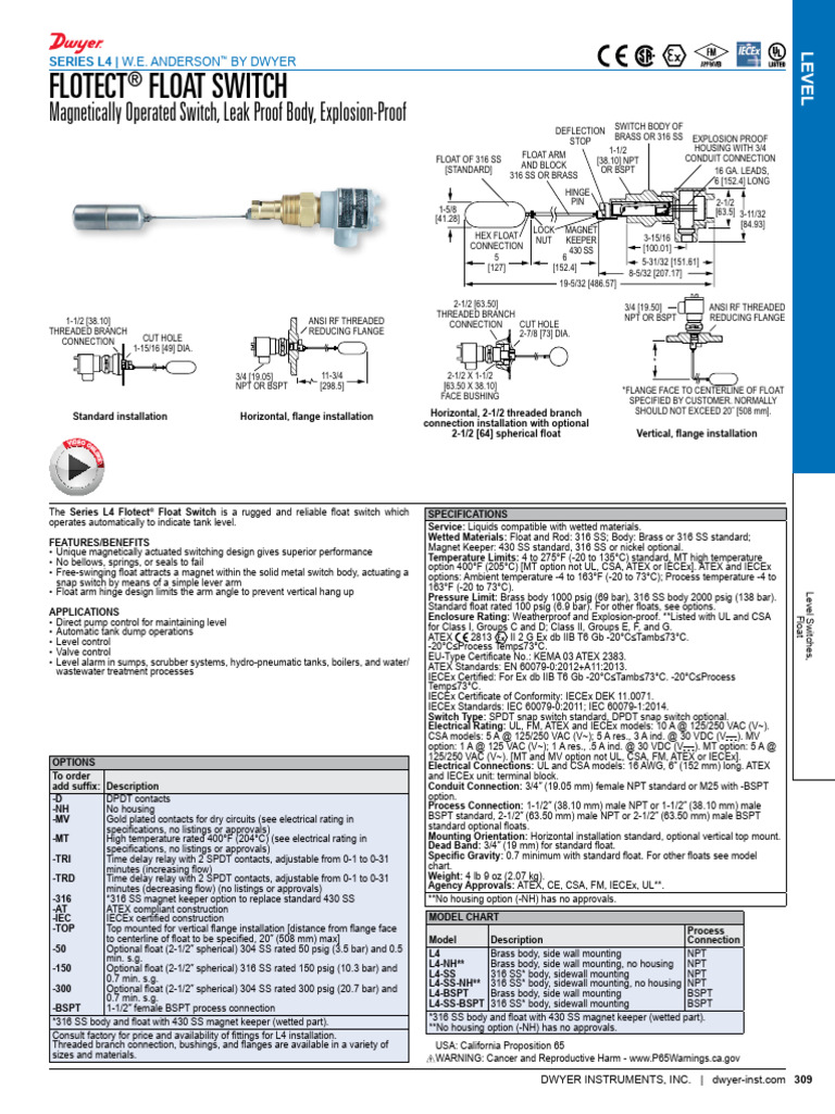 Flotect Float Switch: Magnetically Operated Switch, Leak Proof Body ...