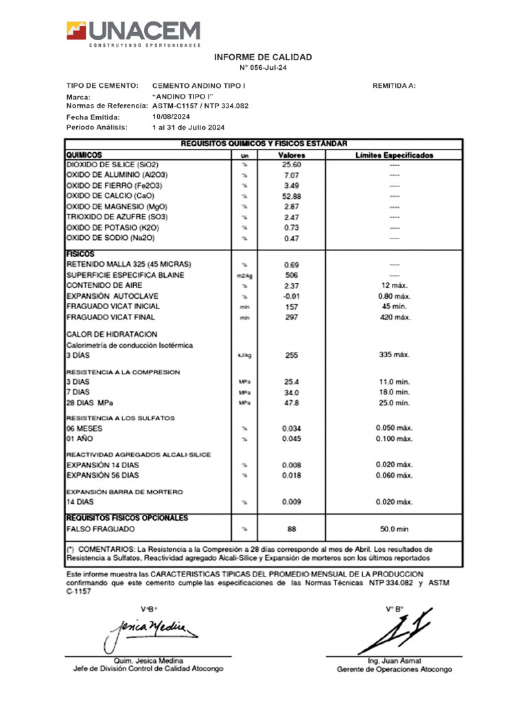 Informe Calidad Cemento Andino | PDF