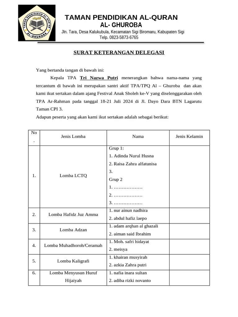 Format Surat Keterangan Delegasi Tpa | PDF