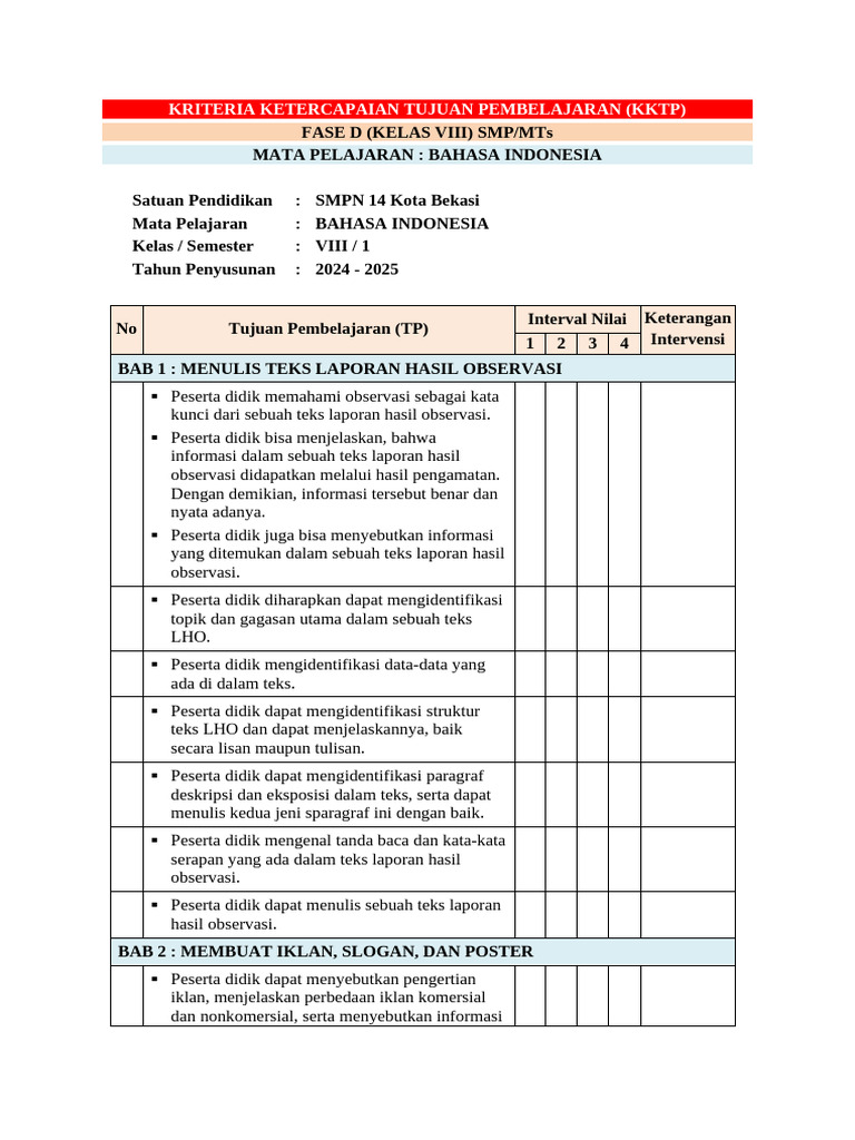 KKTP B. Indo Kelas 8 SMT 1 | PDF
