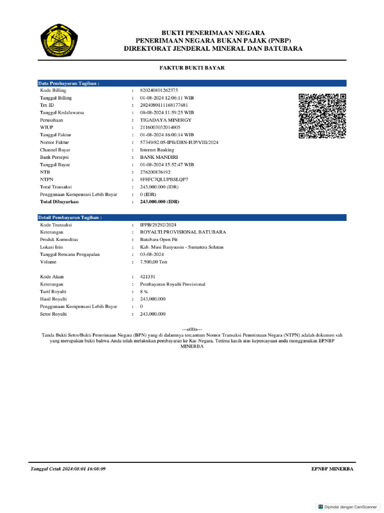 Bukti Bayar Royalty Prov Shipment 56 PT BCT | PDF